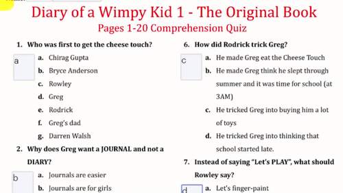 Diary of a Wimpy Kid - Book 4 - Dog Days - Comprehension Quiz Distance ...