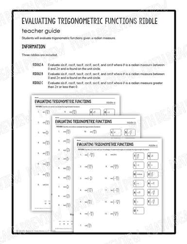 Evaluating Trigonometric Functions Riddle Activity by Math Beach Solutions Evaluating Trigonometric Functions Riddle Activity by Math Beach Solutions