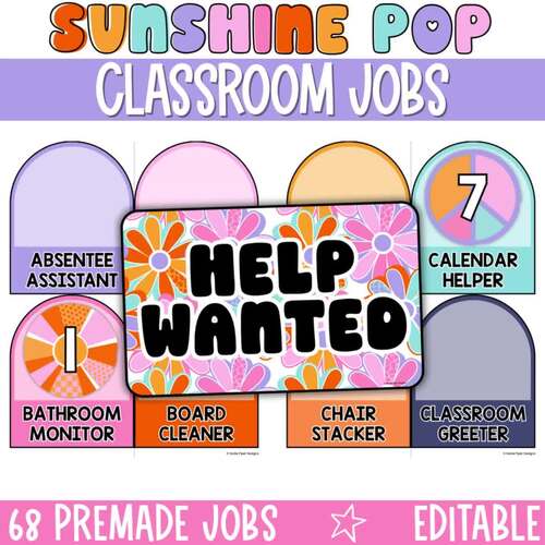 Editable Classroom Jobs Display, Retro Groovy Classroom Jobs, Smiley ...