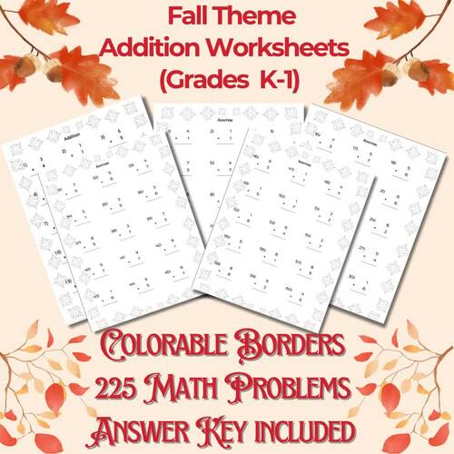 Fall Addition Worksheets for Kindergarten & 1st Grade – Colorable Border