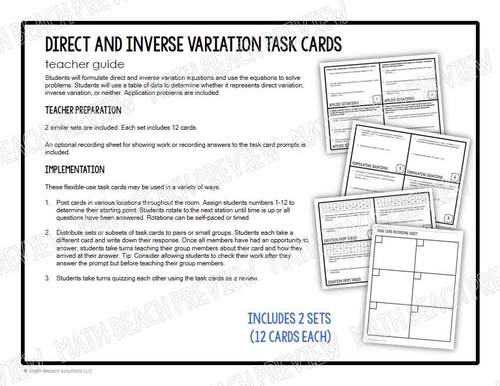 Direct and Inverse Variation Task Cards Activity by Math Beach Solutions