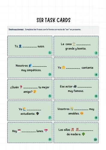 TARJETAS VERBO SER PARA COMPLETAR VERB SER CARDS by Pasajero Spanish