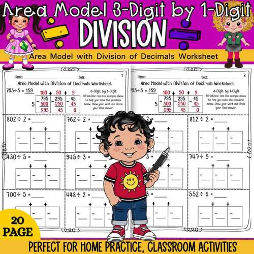 Division Area Model for 3 Digit by 1 Digit Division Worksheet Practice ...