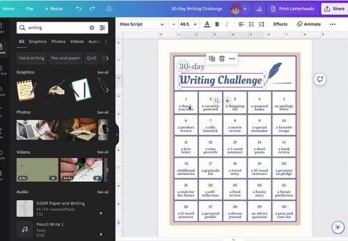 30-Day Writing Challenge Worksheet Canva Template by Talkin' Town English