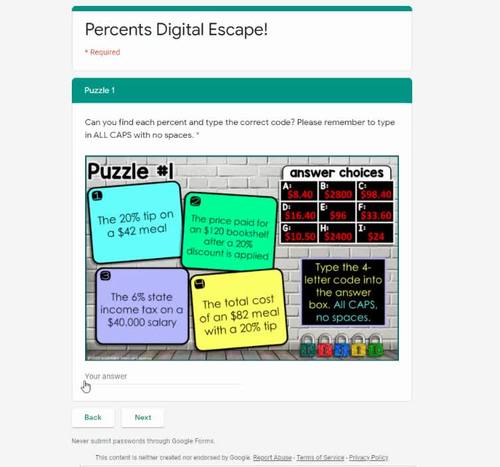 Percent Tax Tip Discount Digital Math Escape Room Activity | TPT