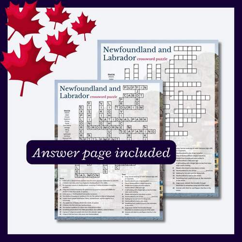 Newfoundland and Labrador crossword for research activity or fun! Grade 4+