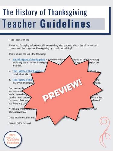 The History of Thanksgiving Activities Middle School by Mrs Nelson Teaches