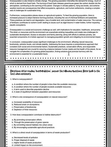 Overpopulation Reading Passage Worksheet | Comprehension & Writing Task