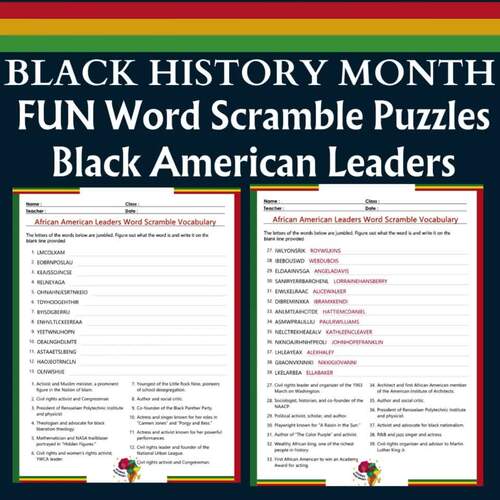 Black History Month Famous African American Leaders Fun 7 Word Scramble ...