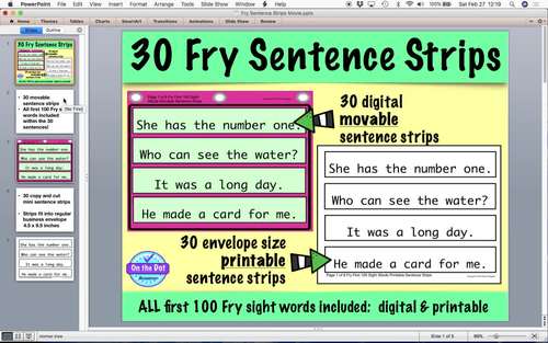 30 Fry Sentence Strips using all Fry First 100 Words: PowerPoint Slides ...
