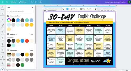 30 Day Challenge Calendar and Template with Clickable Links, PDF for ESL