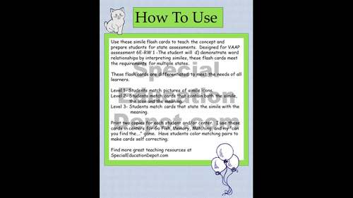 Similes Flash Cards by Special Education Depot | TPT