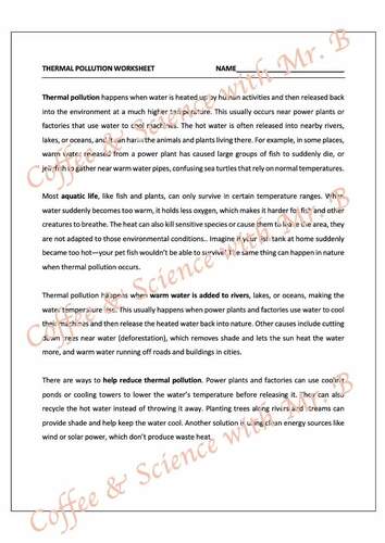 Elementary Science - Thermal Pollution Reading Passage & Comprehension ...