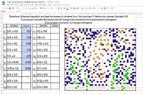 Dividing and Multiplying with Fractions and Whole Numbers Mystery Pixel Art