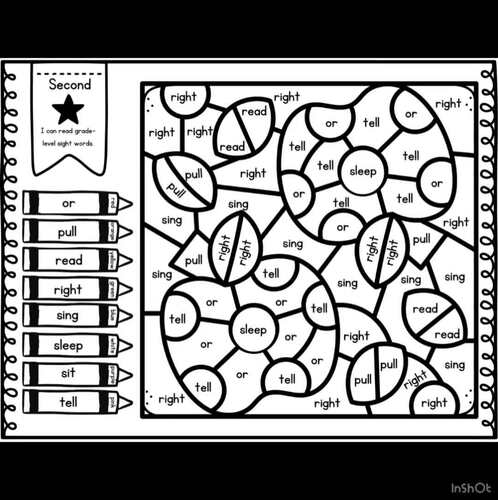 Color-by-Skill: 2nd Grade High-Frequency Words Worksheets—Doodles Theme