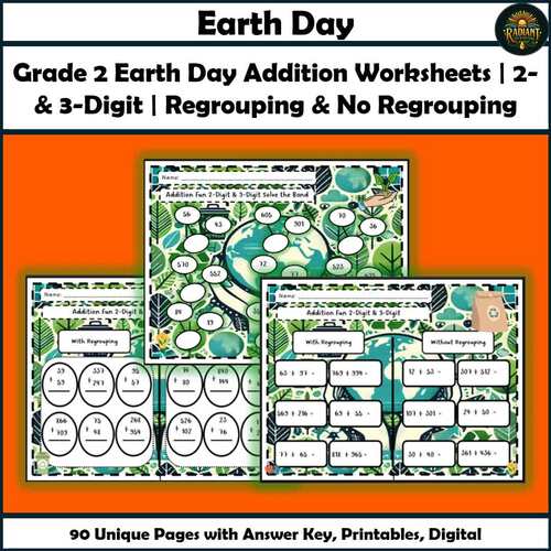 Grade 2 Earth Day Addition Worksheets | 2- & 3-Digit | Regroup & No Regroup