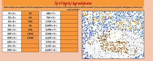 Up to 4 Digit by 1 Digit Multiplication Thanksgiving Math Pixel Art