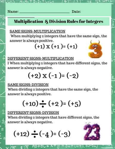 MULTIPLICATION AND DIVISION OF INTEGERS - Middle School Math Worksheets