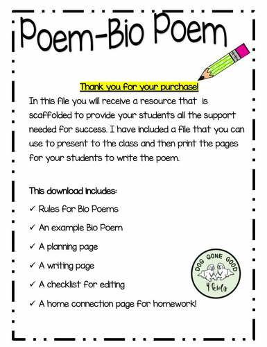 Poetry Writing Activity- Bio Poem by DogGoneGood4Kids | TPT