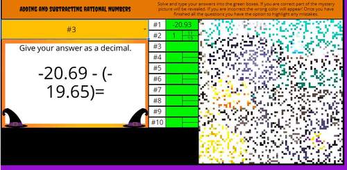 Adding and Subtracting Rational Numbers Halloween Math Pixel Art