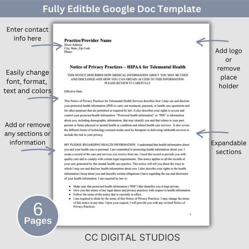 Telemental Health HIPAA Form, Notice of Privacy Practices for Therapist ...