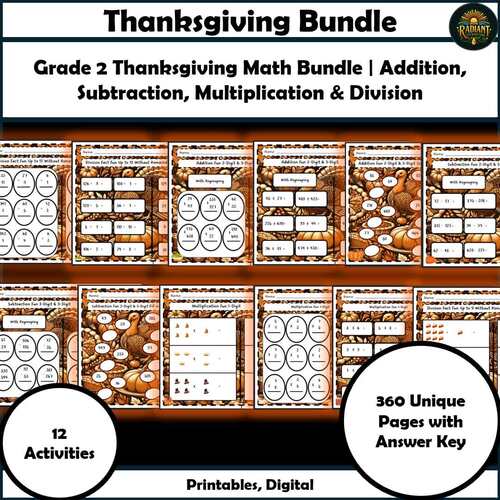 Grade 2 Thanksgiving Math Bundle Addition Subtraction Multiplication ...