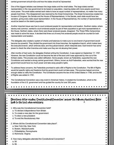 Constitutional Convention Reading Comprehension Worksheet by A Dads ...