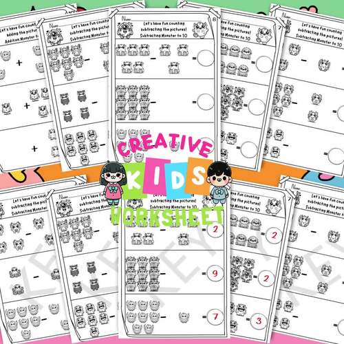 Subtraction within 10 Fun Monster, Count and Fill in the Answers