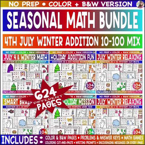 4th July Winter Addition 10-100 Mixed Math Mystery Cut Paste Color Game ...