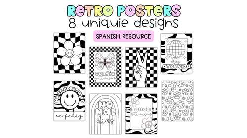 Spanish Retro & Preppy Coloring Pages or Posters | 8 Pintables with ...