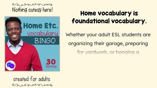 Adult ESL Home Vocabulary Bingo Game | Garage, Yard & Outdoor Words ...