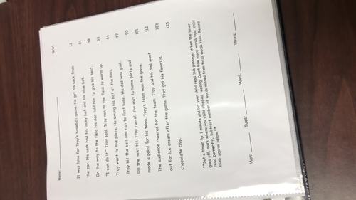 Oral Reading Fluency Homework Quarter 1 NO PREP (complete first nine weeks)