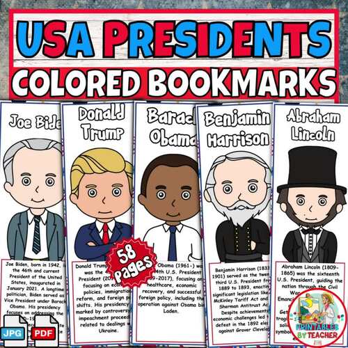 45 USA Presidents bookmarks | President's Day Craft Activity Worksheets