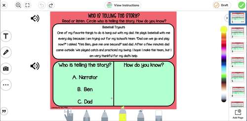 RL.1.6 Identify Who is Telling the Story Seesaw and Printable Comprehension