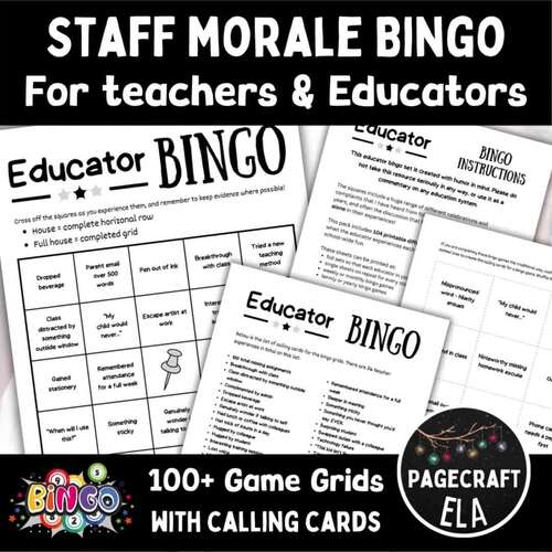 Staff Morale Teacher & Educator Bingo Printable Game Cards by Pagecraft ELA