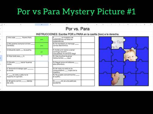 POR VS. PARA DIGITAL MYSTERY PICTURE PUZZLES SPANISH GRAMMAR GOOGLE SHEETS