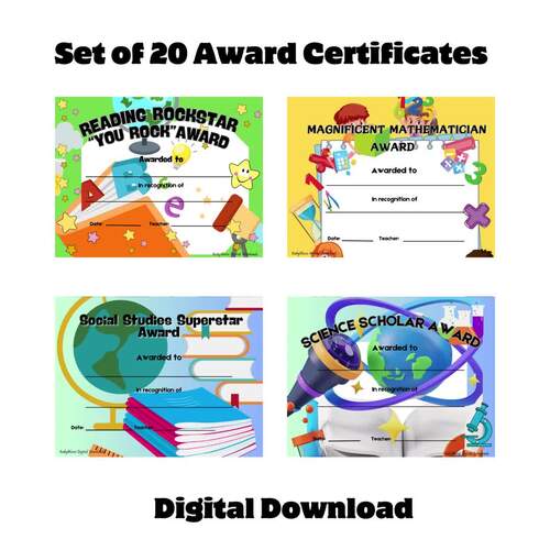 Set of 20 Downloadable Award Certificates For Elementary School Students