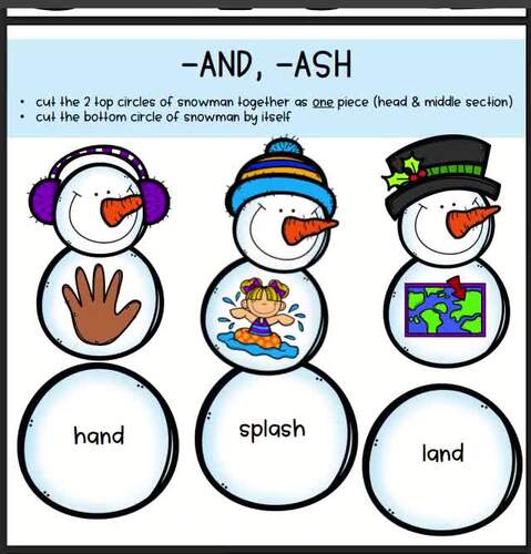 Short Vowel Word Families Winter Phonics Activities: Build a Snowman BUNDLE