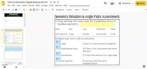 Intro to Geometry Digital Assessment Google Slides Vocabulary Proofs