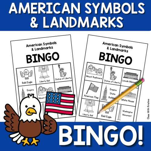 American Symbols and Landmarks BINGO Game Fun Activity Worksheet 1st ...