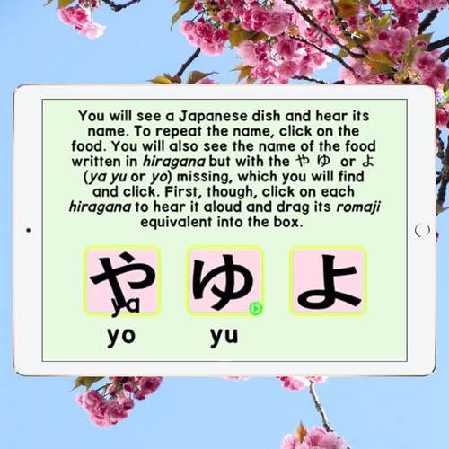 Learn Japanese hiragana through food ya yu yo Boom Cards with audio