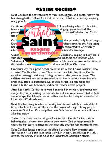 Saint Cecilia Catholic BUNDLE: Reading Comprehension, Word Search ...