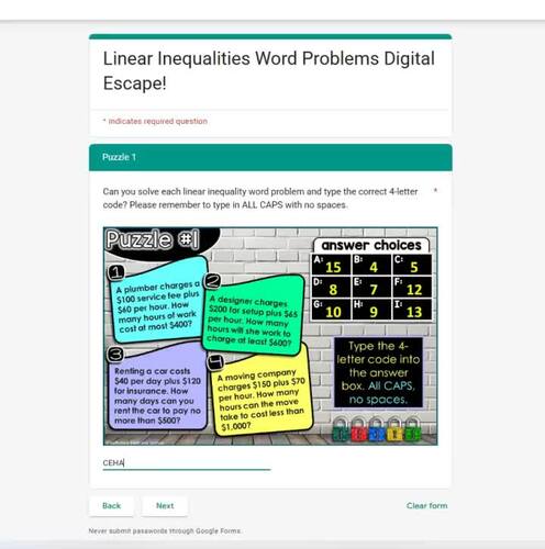 Linear Inequalities Word Problems Digital Math Escape Room Activity