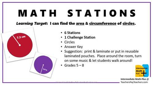 MATH STATIONS Area & Circumference of Circles by Intermediate Math PLUS