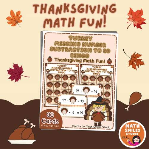 Turkey Missing Number Subtraction to 20 Bingo (4x4) | Thanksgiving Math ...