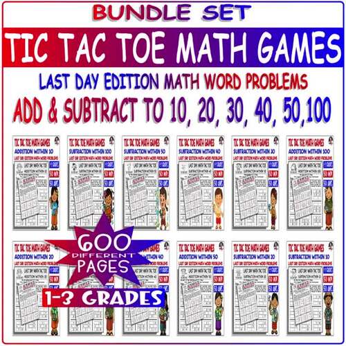 Last Day Math Game Tic Tac Toe Add & Sub Word Problems Within 10 - 100 ...