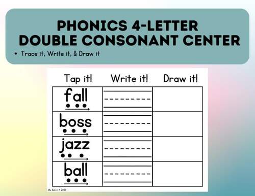 Phonics 4-Letter Double Consonant Center (Tap it, Write it, Draw it)