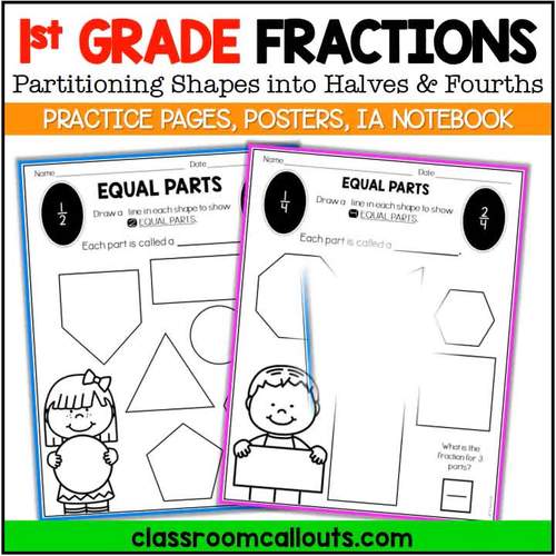 Partitioning Shapes into Halves & Fourths 1st Grade Fractions | TPT
