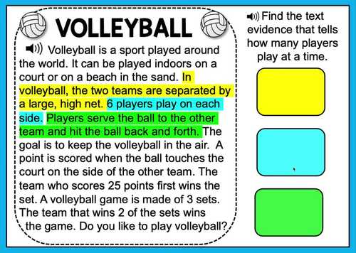 Volleyball Finding Text Evidence Reading Comprehension Digital Boom Cards