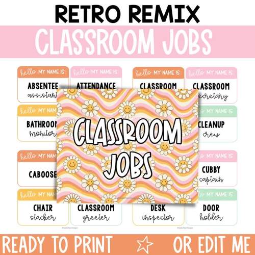 Editable Retro Classroom Jobs Display / Groovy Retro Remix Classroom Decor